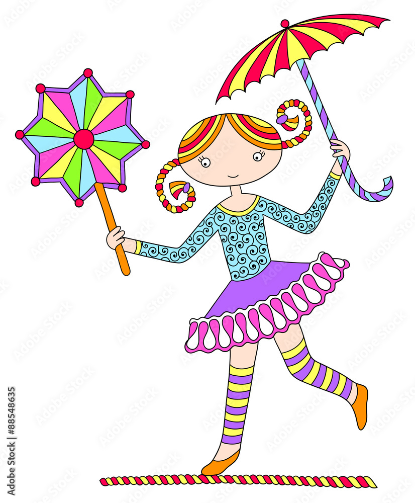 pretty girl acrobat walking a tightrope with an umbrella and dec Stock ...