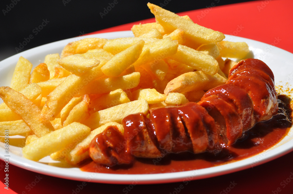 Berliner Curry-Wurst mit Pommes Stock Photo | Adobe Stock