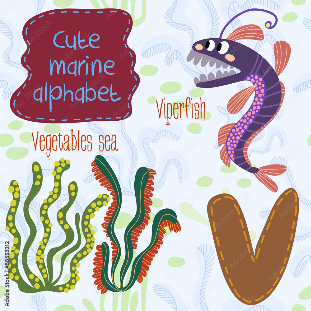 Sea very cute Alphabet.marine set in vector.V letter.Viperfish, Stock ...
