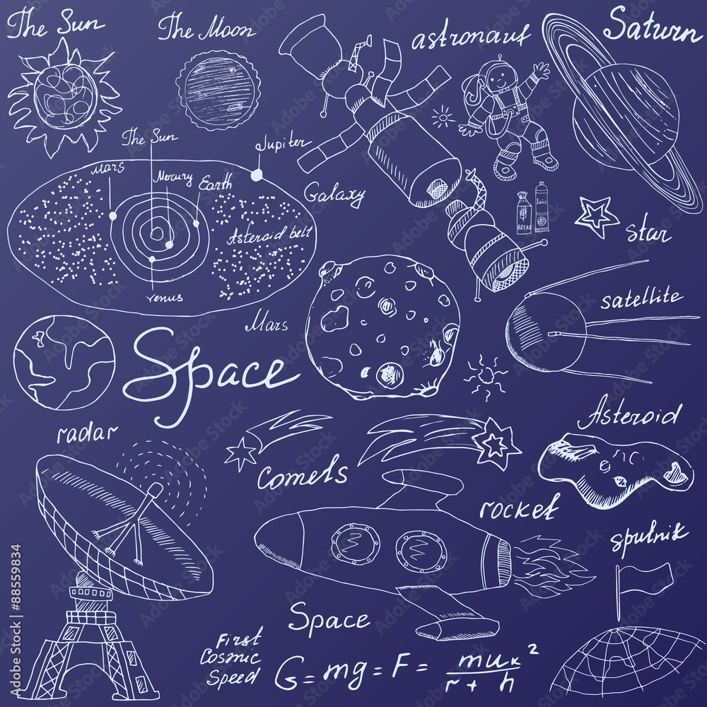 Space doodles icons set. Hand drawn sketch with Solar system, planets ...