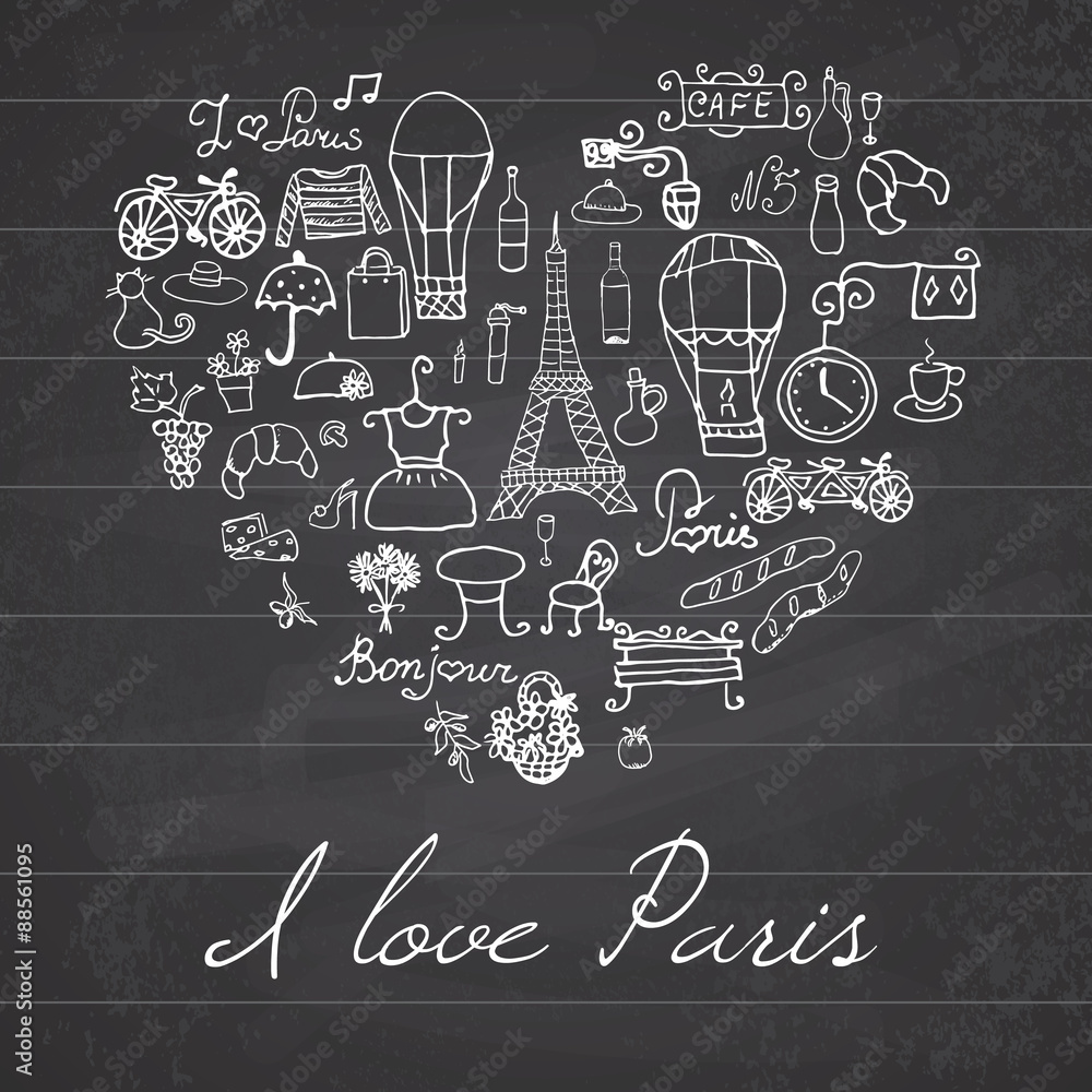 Paris doodles elements. Hand drawn set withefel tower bred cafe flowers ...