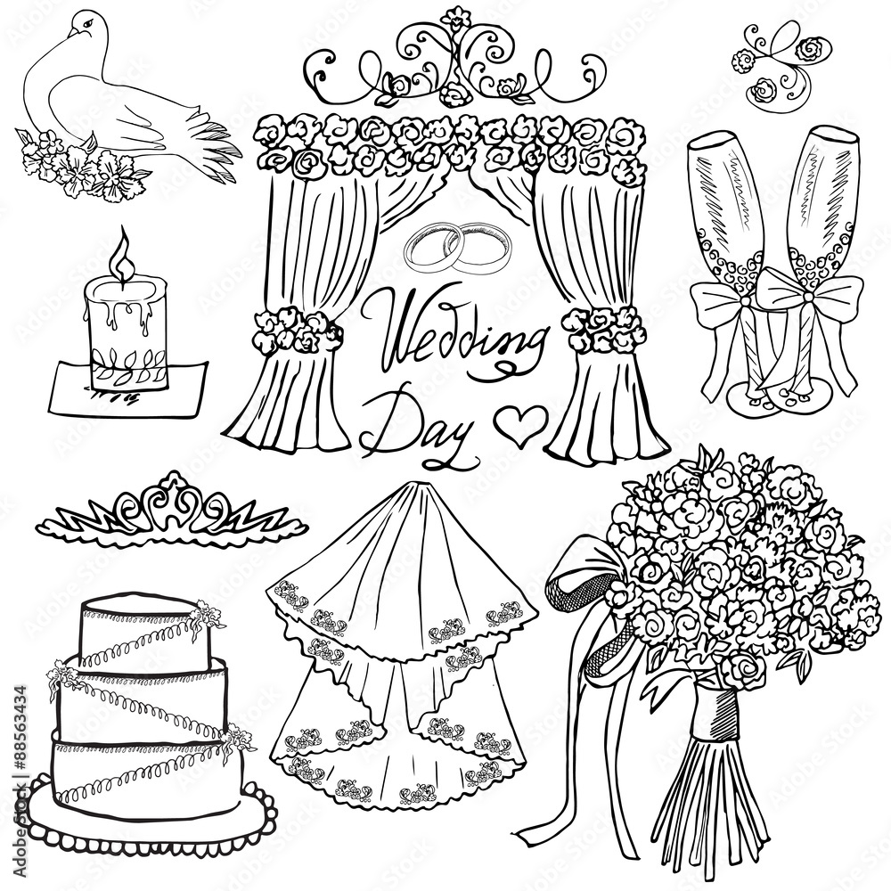 Wedding day elements. Hand drawn set with flowers, candle, glasses for ...