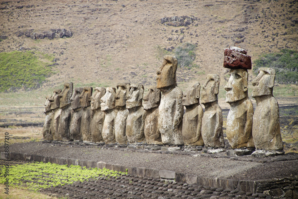 15 moai (statues) on a platform at Ahu Tongariki, the largest platform ...