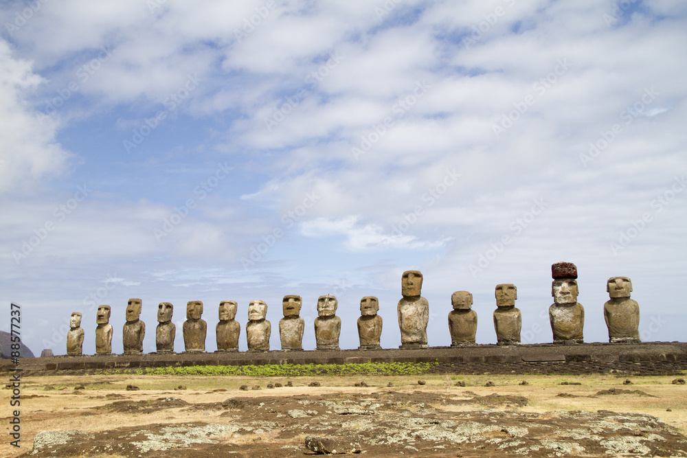 15 moai (statues) on a platform at Ahu Tongariki, the largest platform ...