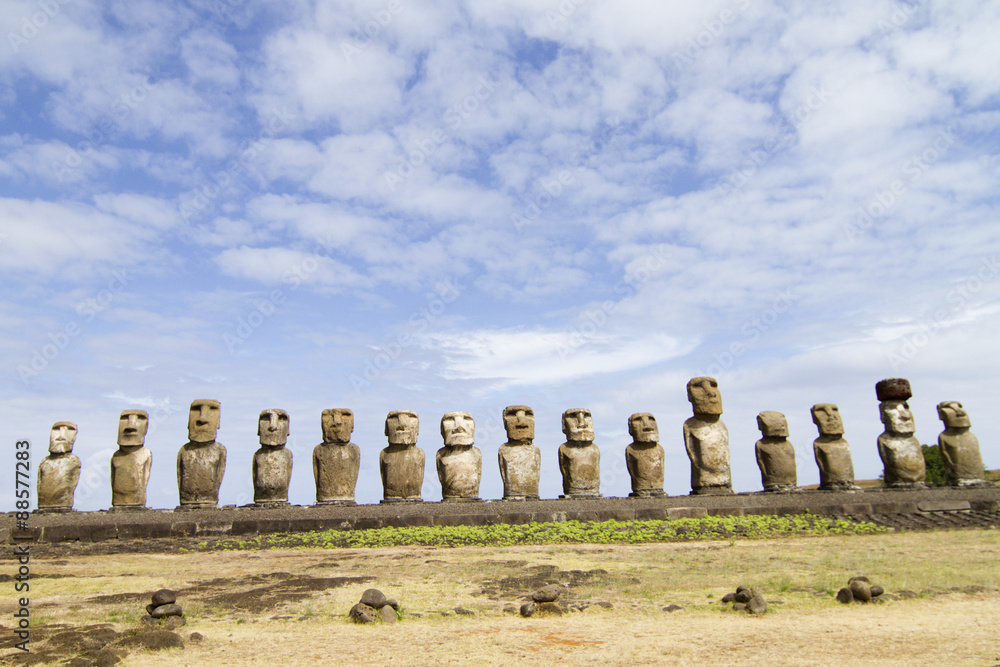 15 moai (statues) on a platform at Ahu Tongariki, the largest platform ...