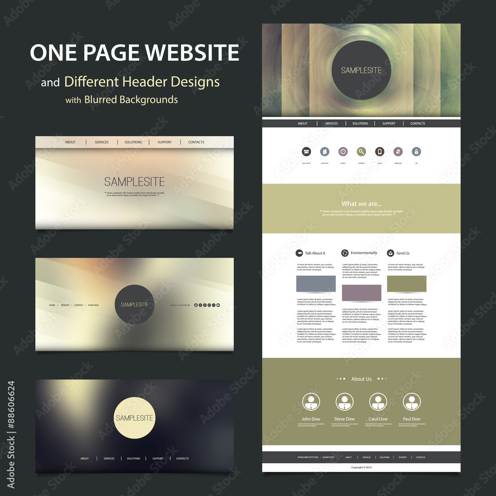 One Page Website Template and Different Header Designs with Blurred ...
