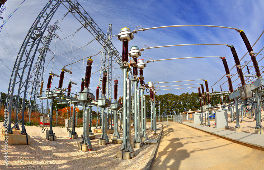 High voltage switchyard in electrical substation in fisheye perspective ...