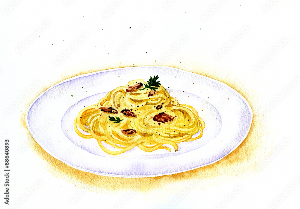 spaghetti carbonara painting by watercolor Stock Illustration | Adobe Stock