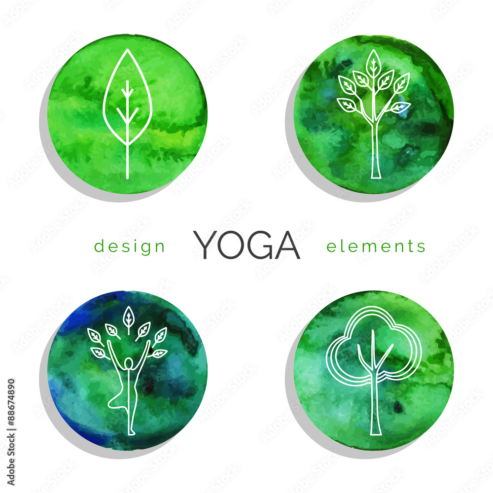 Vector yoga illustration. Set of linear yoga icons, yoga logos in ...