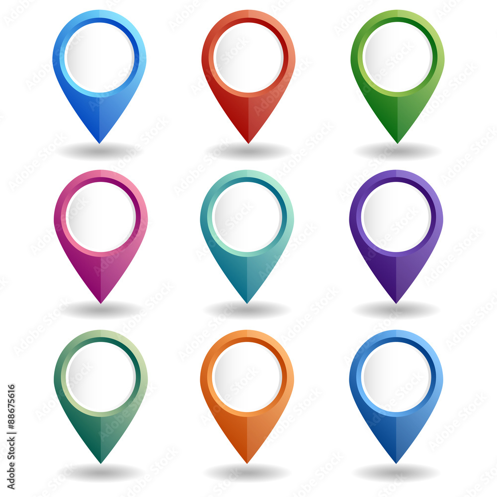 Vector illustration. Set of multi-colored map pointers. GPS location ...