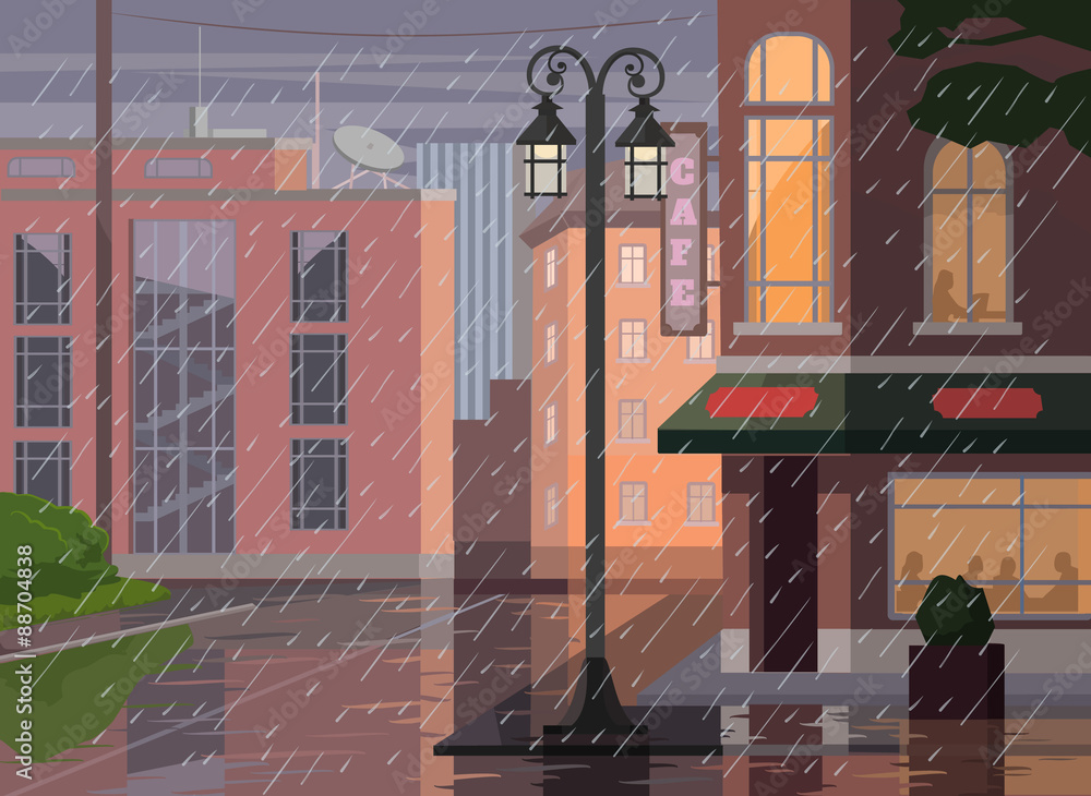 Rainy city. Vector flat cartoon illustration Stock Vector | Adobe Stock
