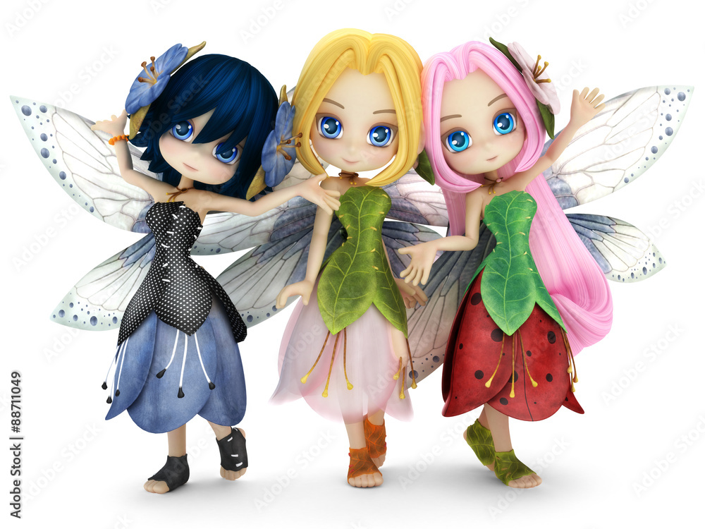Cute toon fairy friends posing together on a white isolated background ...