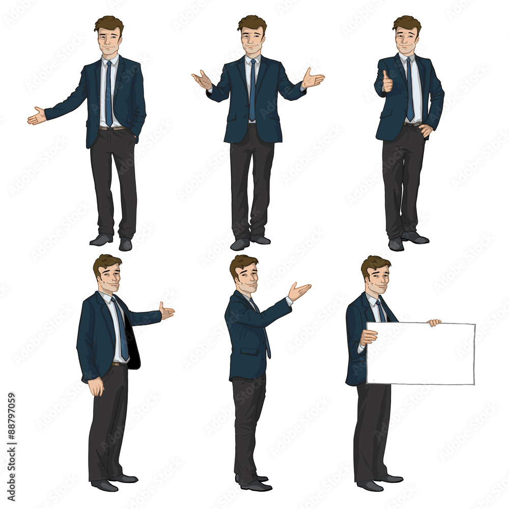 Eine realistische Comicfigur in sechs unterschiedlichen Posen. Stock ...