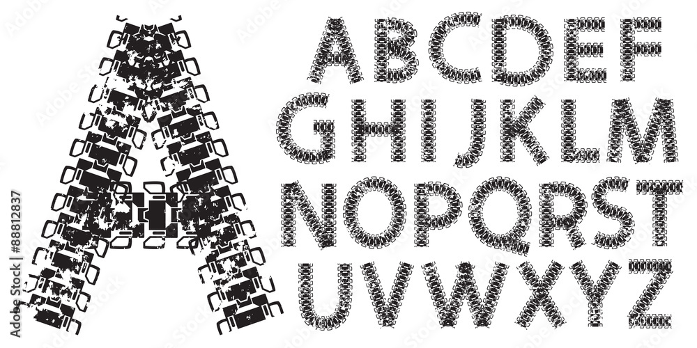 Vector alphabet letters made from tank and tractor tracks, isolated on ...