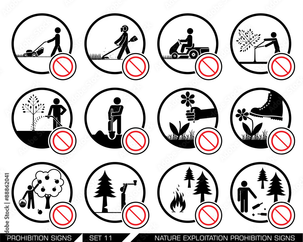 Set of nature exploitation and cultivation prohibition signs. Signs ...