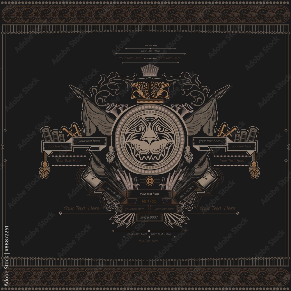 vintage military engraving background with head of lion and Weapons ...