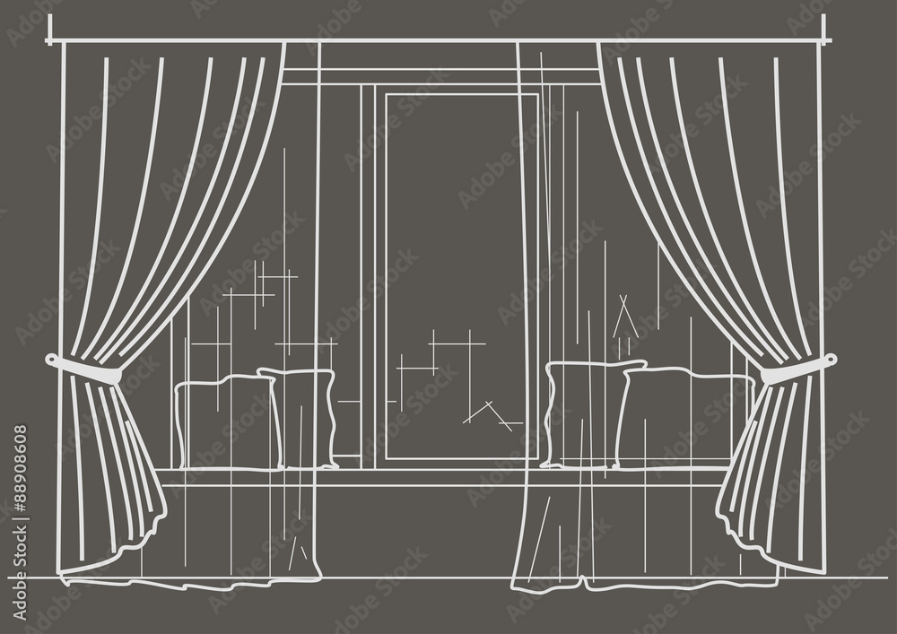 Linear architectural sketch big window with curtains and cushions on ...