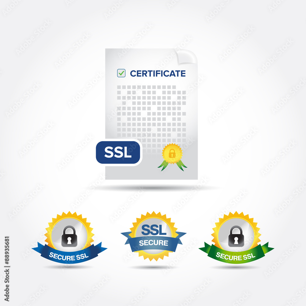 SSL certificate illustration and 3 buttons with ribbons, vector work ...