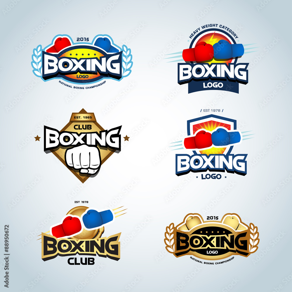 Boxing logo templates set. Red, blue and gold colors. Boxing club ...