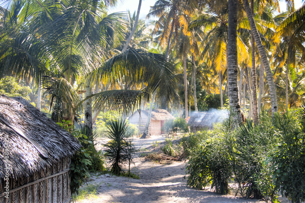 African village with typical straw huts between palm trees in Praia do ...