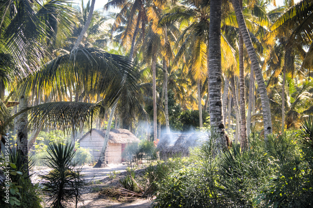 African village with typical straw huts between palm trees in Praia do ...
