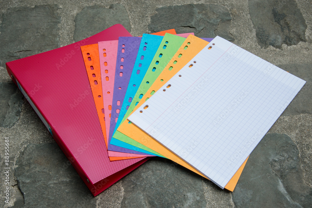 Classeur avec ses intercalaires multicolores et ses feuilles perforées ...