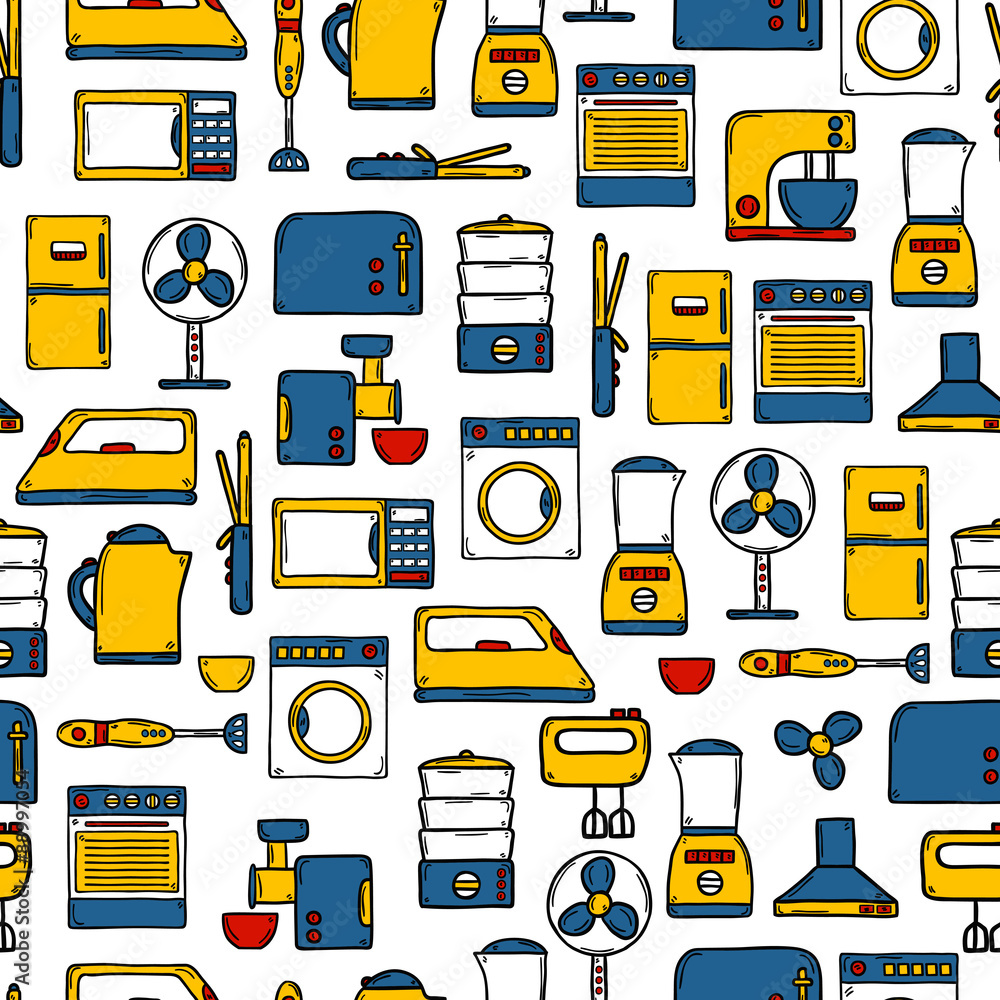 Seamless background with objects in hand drawn cartoon style on Stock ...