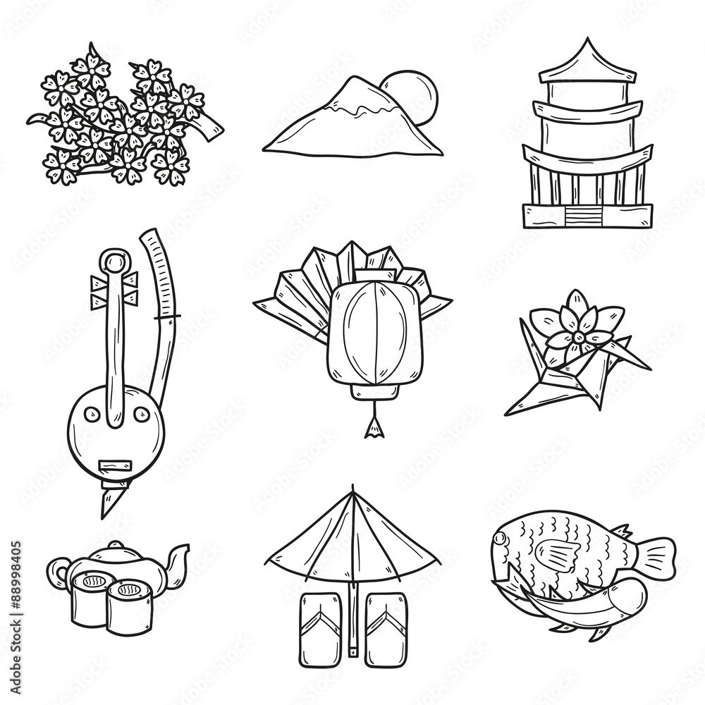 Set of icons in hand drawn outline style on Japan theme: geisha Stock ...