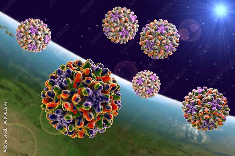 Hepatitis B virus on surrealistic space background. A model is built ...