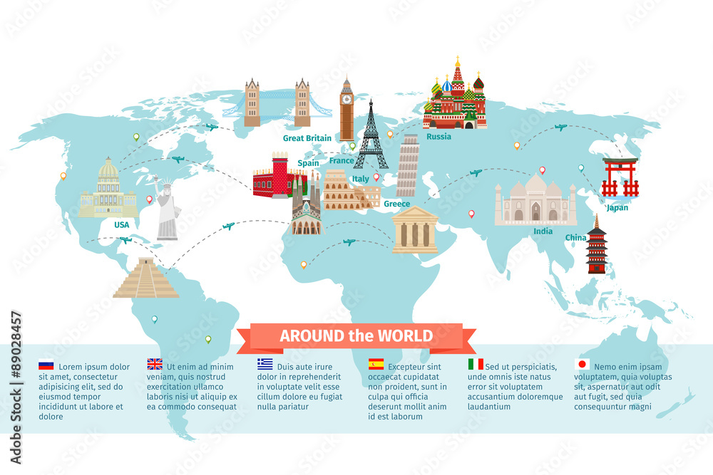 World landmarks on map Stock Vector | Adobe Stock