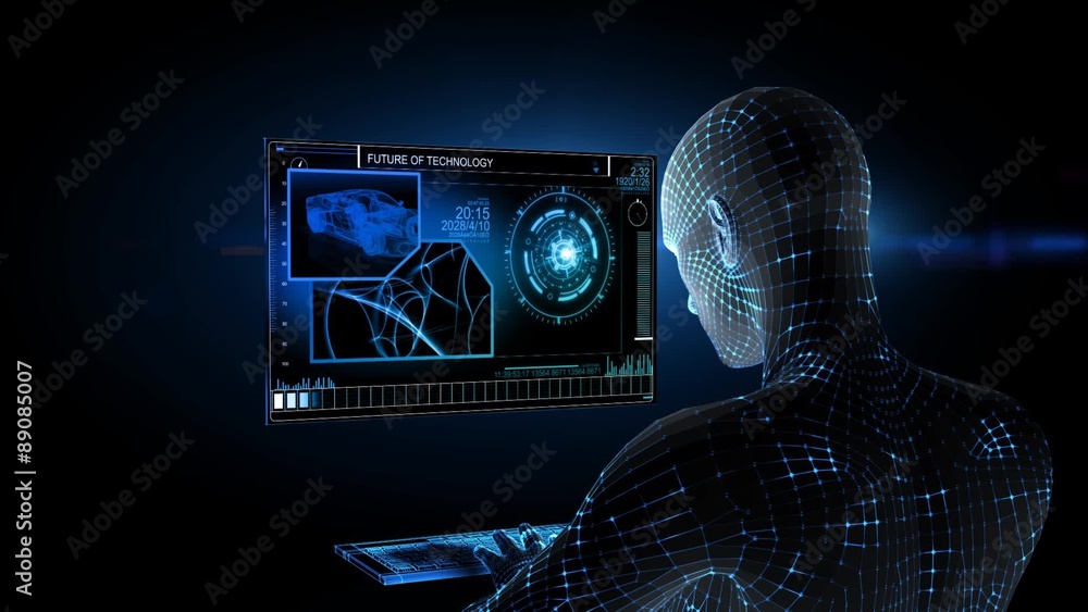 Virtual man operating computer,rotating camera view. Stock Video ...