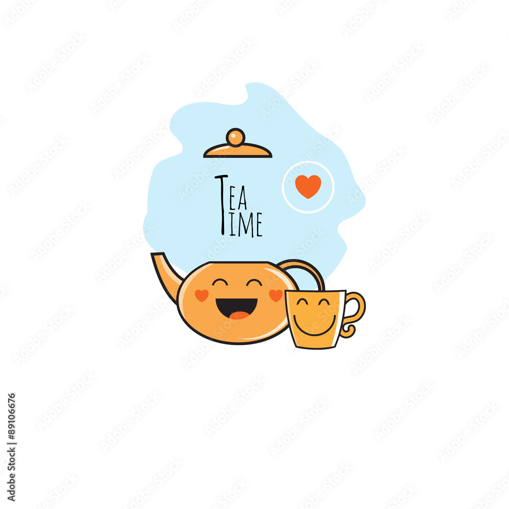 Vector logo with cute cartoon cup of tea, teapot, steam, an inscription ...