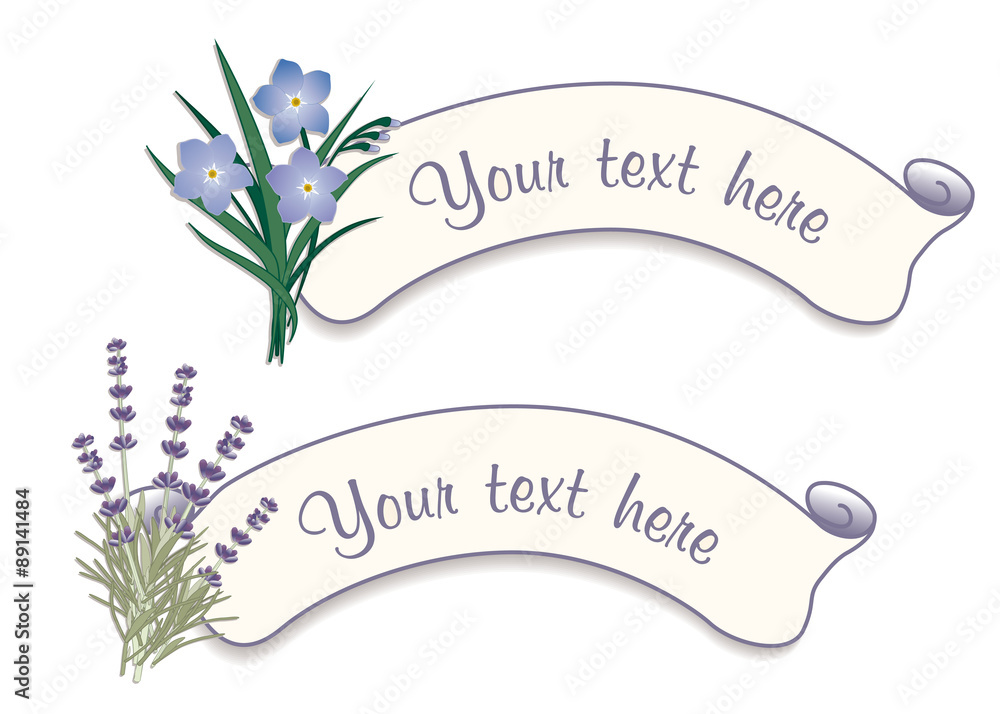 Lavender and Forget Me Not garden flower bouquets on two vintage label ...