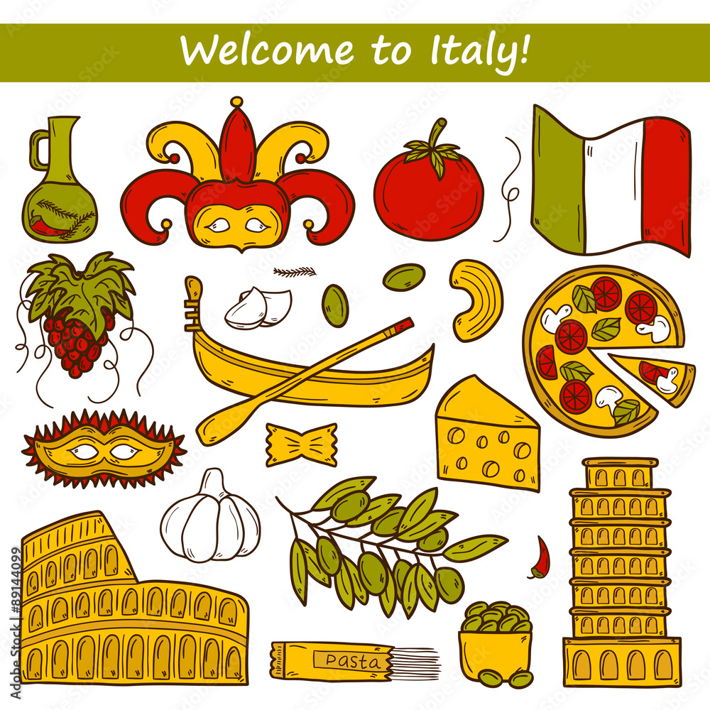 Set of cartoon objects in hand drawn style on Italy theme Stock Vector ...