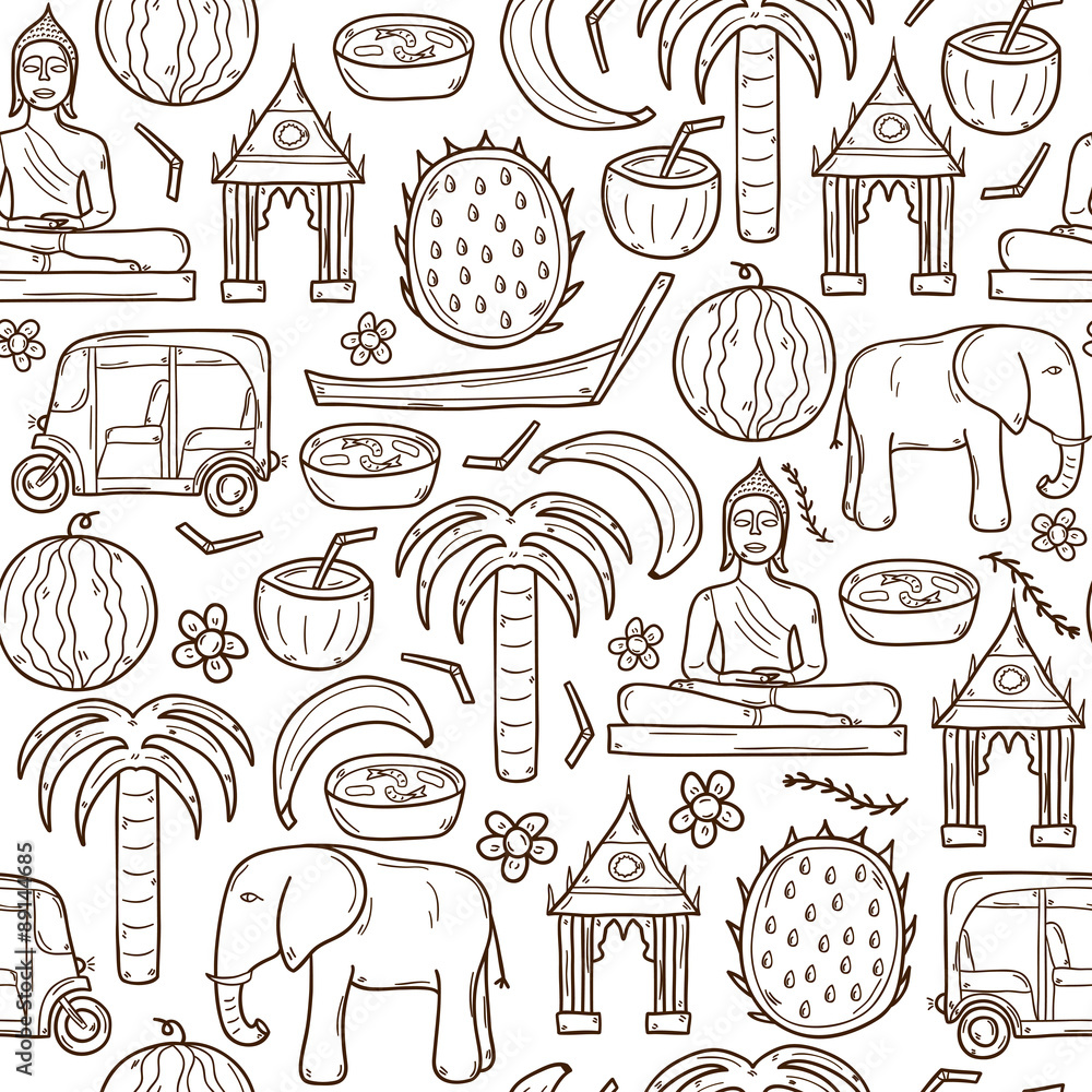 Seamless background with cartoon outline objects in hand drawn Stock ...