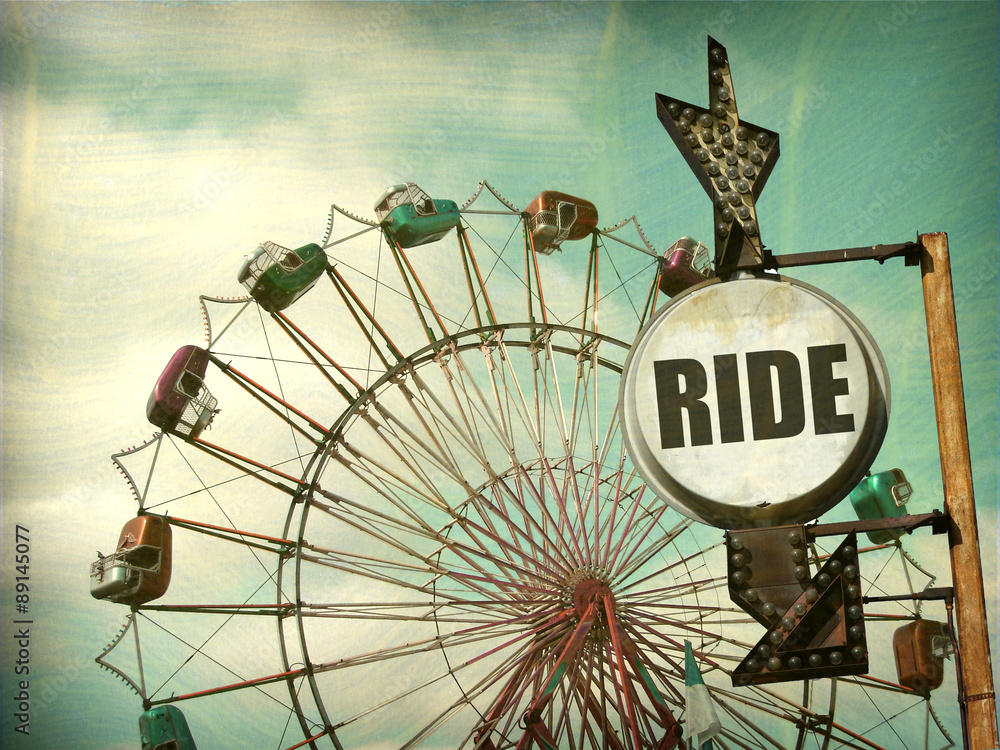 aged and worn vintage photo of ferris wheel and sign Stock Photo ...