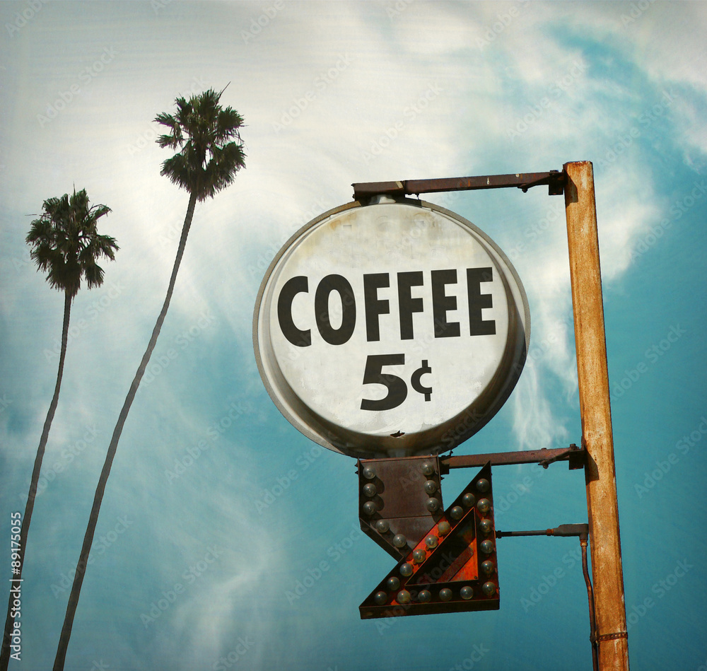 aged and worn vintage photo of coffee five cents sign Stock Photo ...