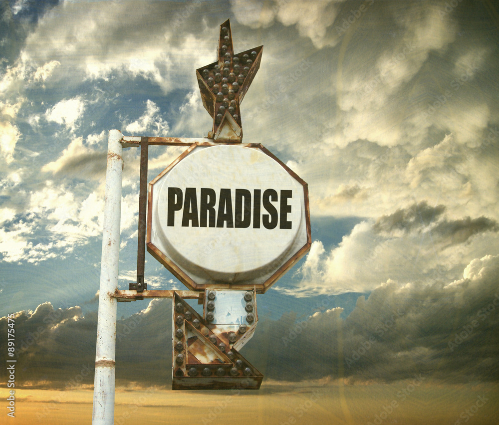 aged and worn vintage photo of sign with sunset and message Stock Photo ...