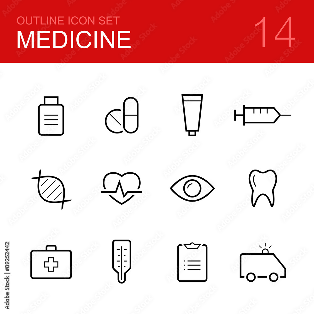 Medical vector outline icon set - medicine, pill, tablet, drug, tube of ...