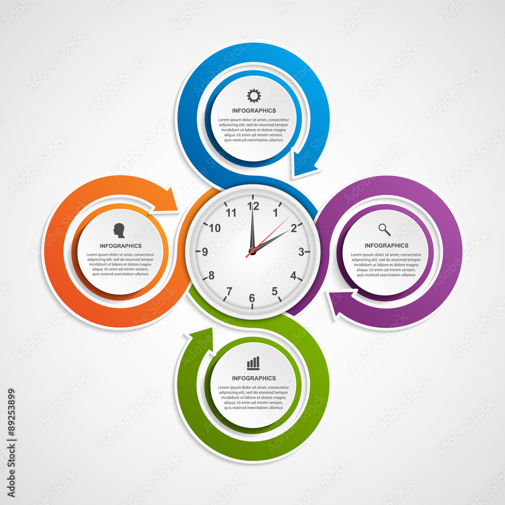 Abstract infographic with colorful arrows and clock in the centre ...