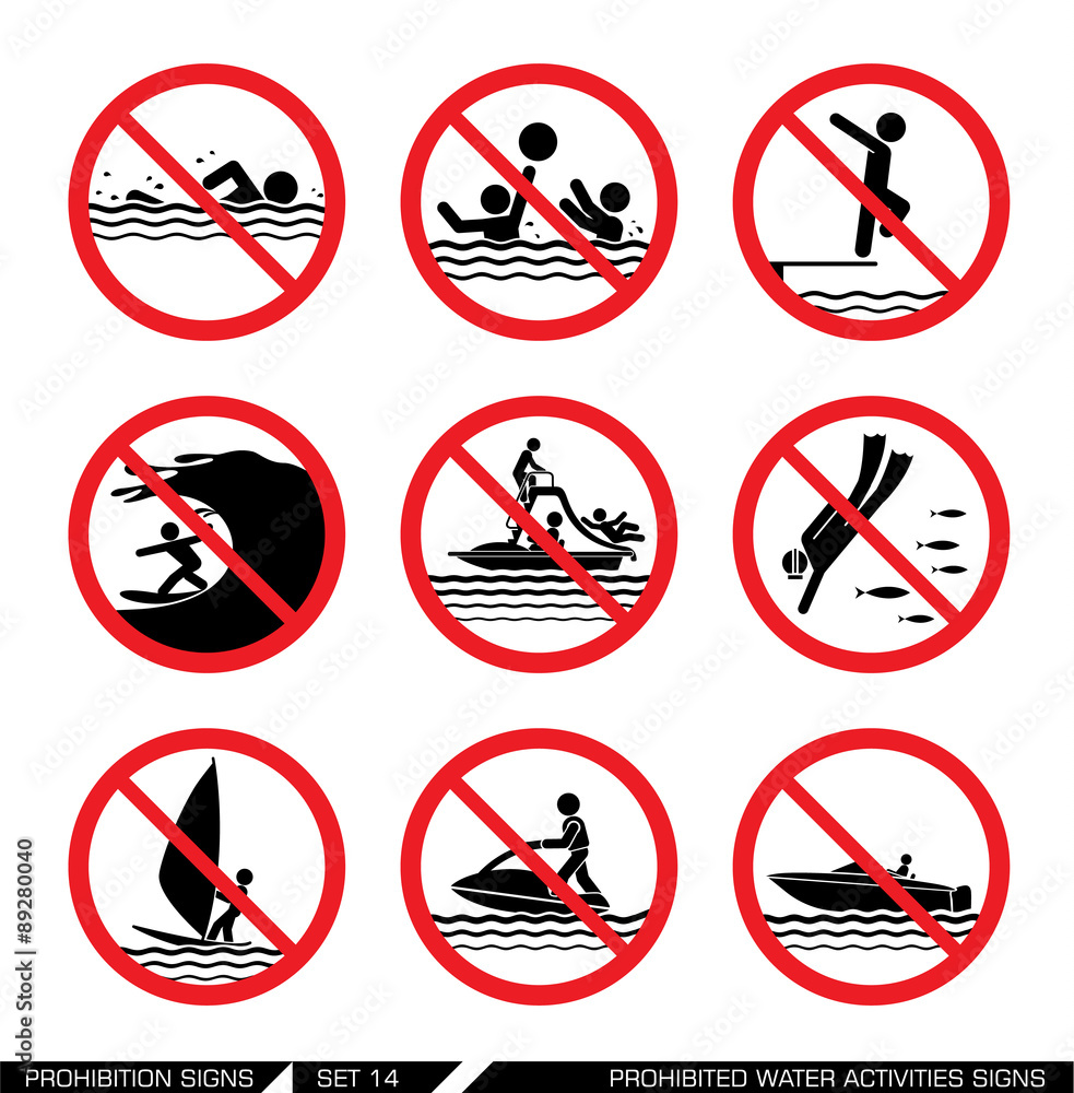 Set of prohibition signs for water activities. Collection of pictogram ...
