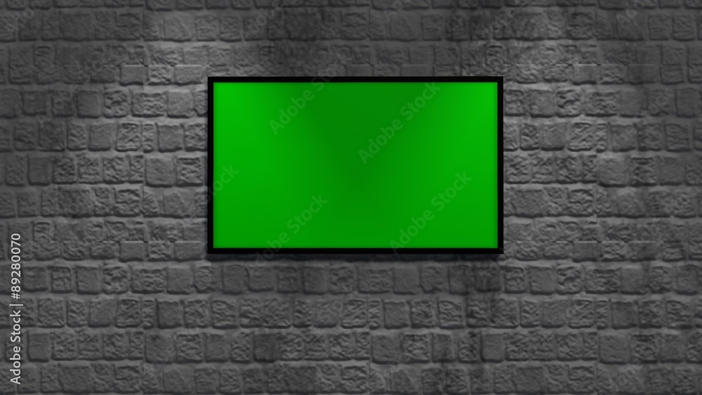 brick wall and wood floor with picture frame - green screen Stock ...