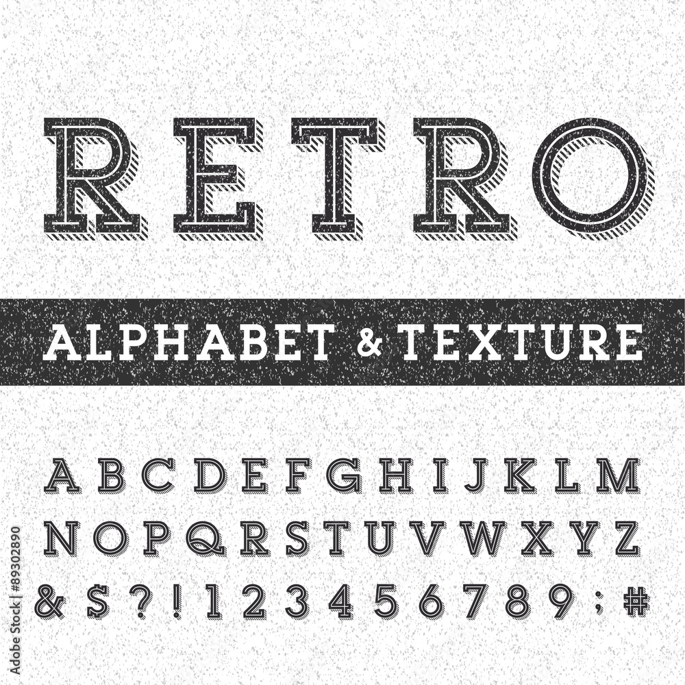 Retro alphabet vector font with distressed overlay texture. Serif type ...