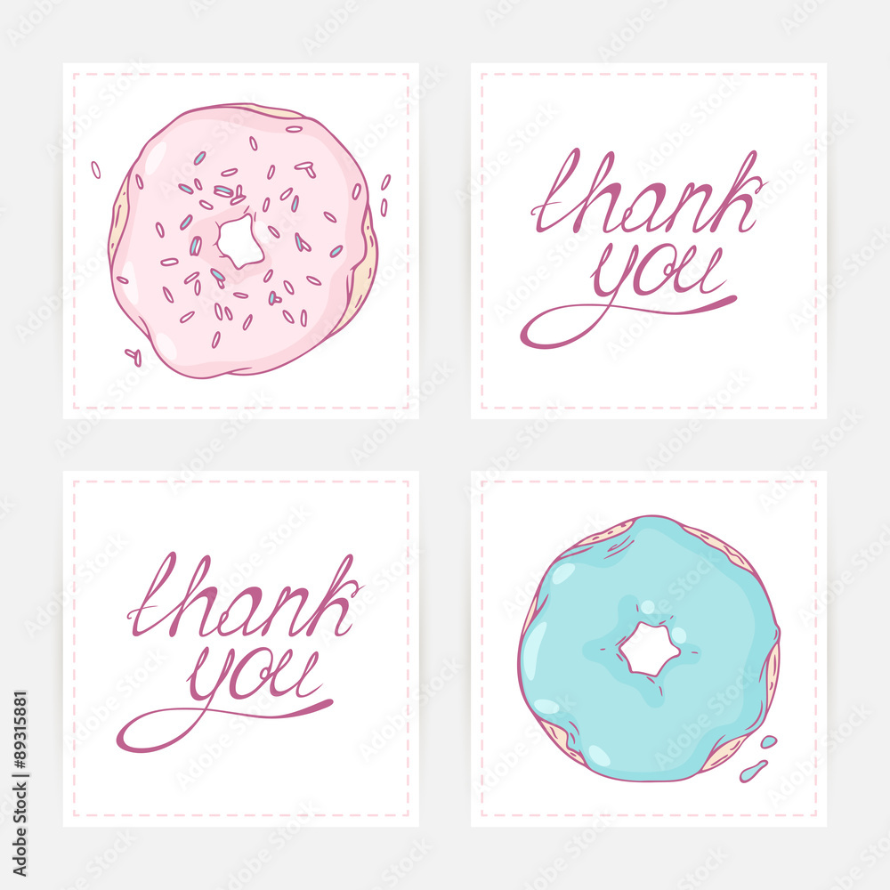 Thank you cards with hand lettering. Doodle design for donut Stock ...
