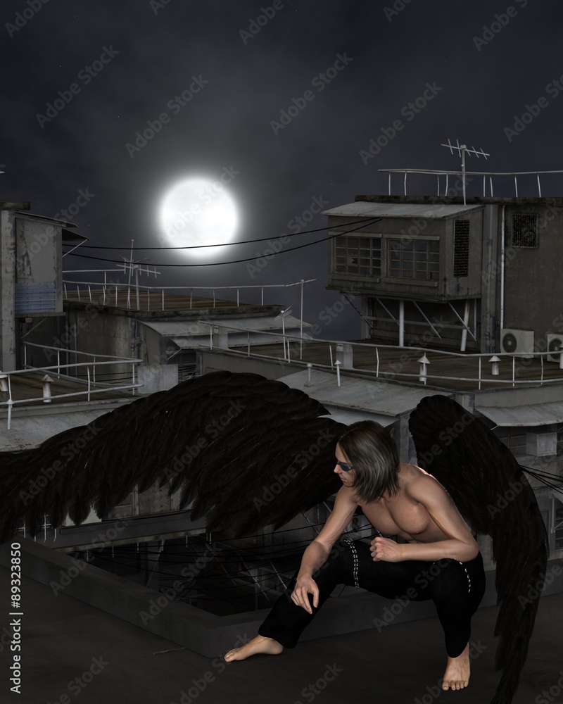 Fantasy illustration of a male urban guardian angel crouching on a city ...