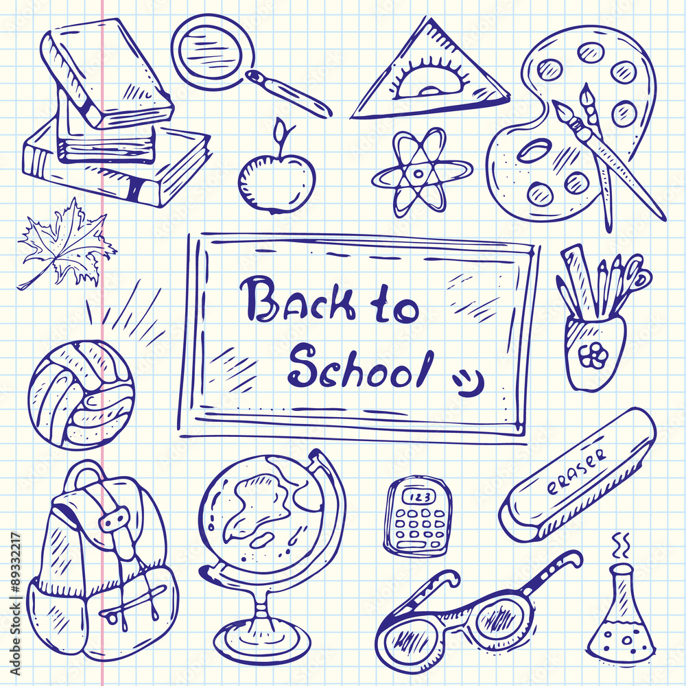 Freehand drawing school items on a sheet of exercise book. Back to ...
