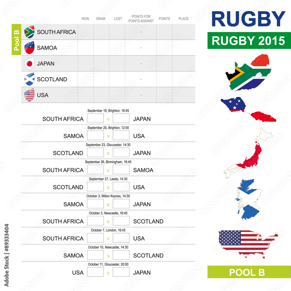 Rugby 2015, Pool B, Match Schedule, all matches, time and place. Stock ...