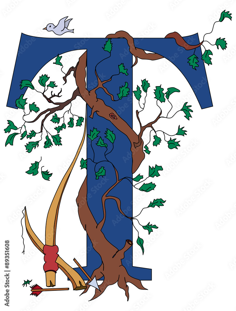 Illuminated Letter T with a interlacing vine and a bow and arrow Stock ...