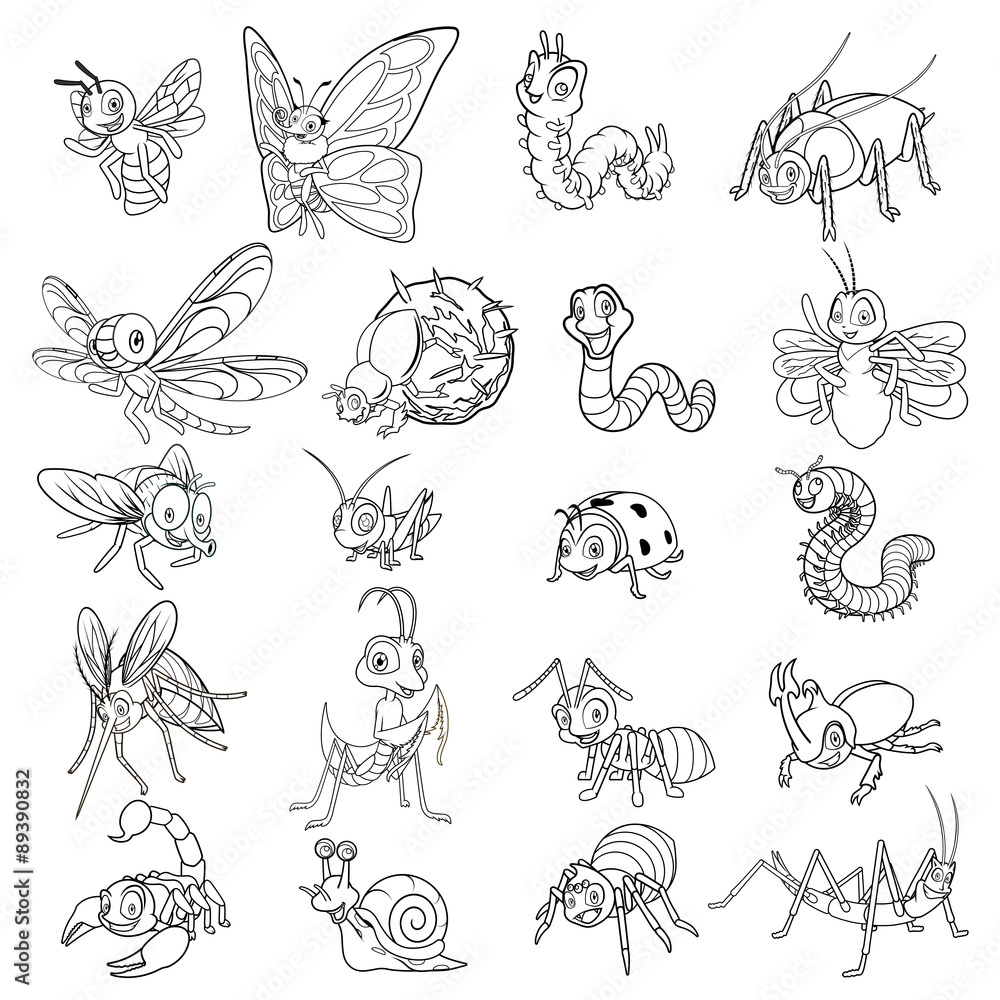 Set of Insect Cartoon Character Line Art Outlined Vector Illustration ...