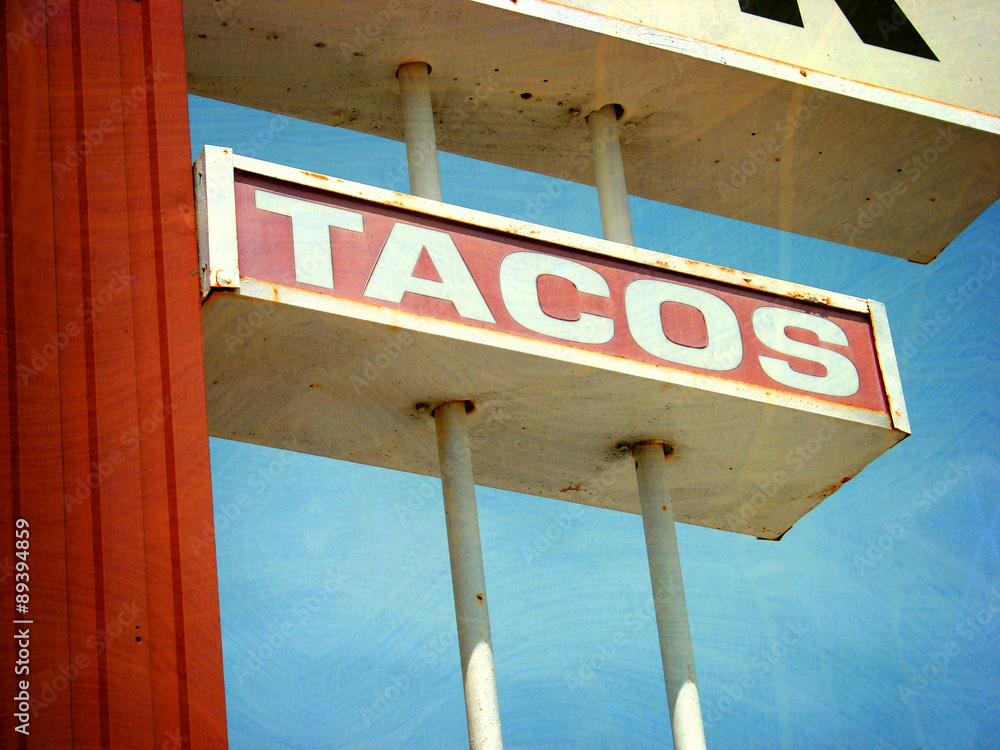 aged and worn vintage photo of mexican food tacos sign Stock Photo ...